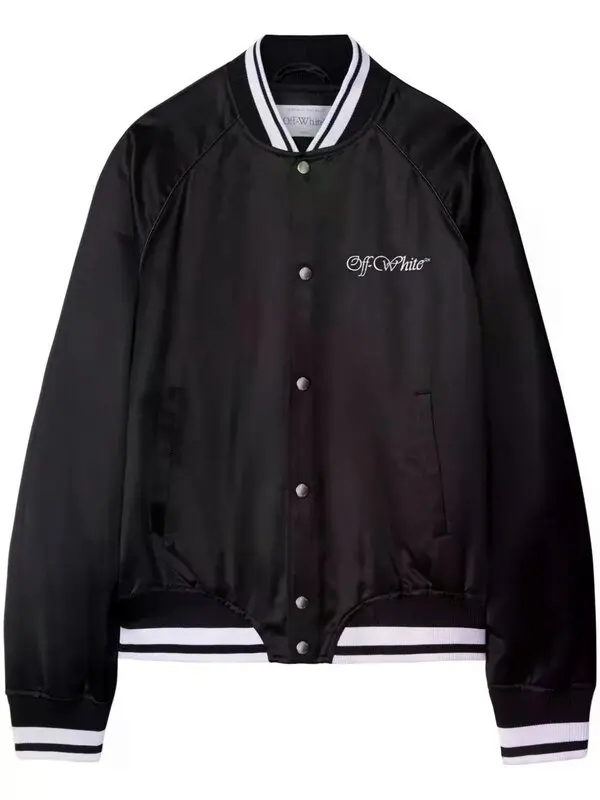 Off-White Satin Embroidered Logo Bomber Jacket