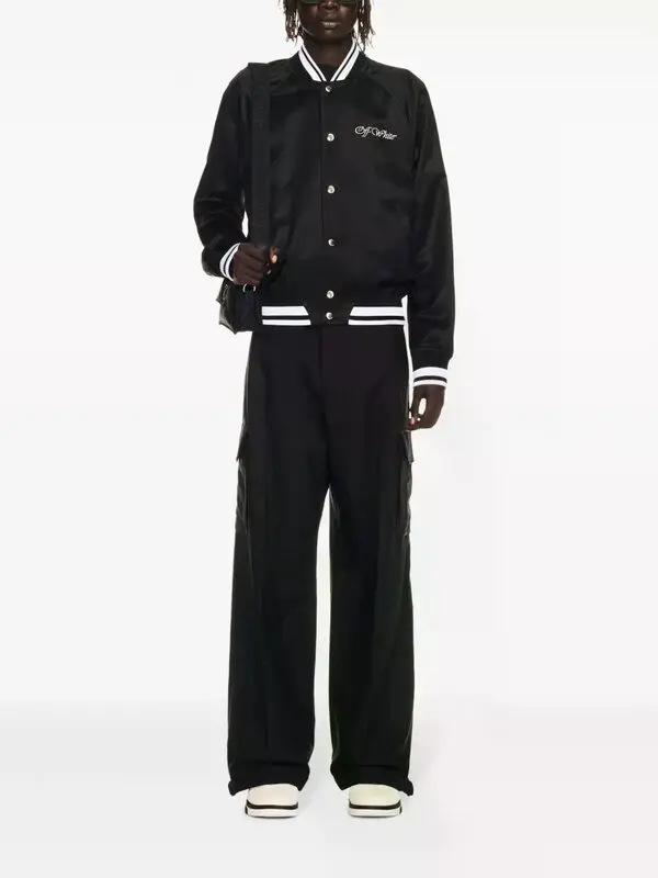 Off-White Satin Embroidered Logo Bomber Jacket