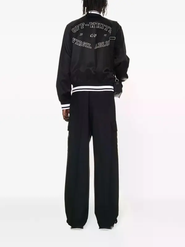 Off-White Satin Embroidered Logo Bomber Jacket