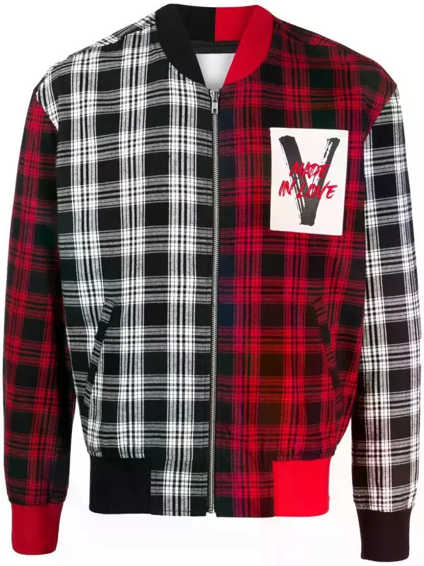 PORTS V Mix-plaid Cotton Bomber Jacket - Black