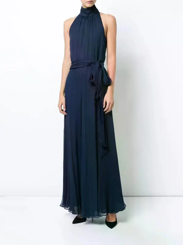 Voz Navy Silk Halterneck Maxi Jumpsuit With Tie Waist - Blue