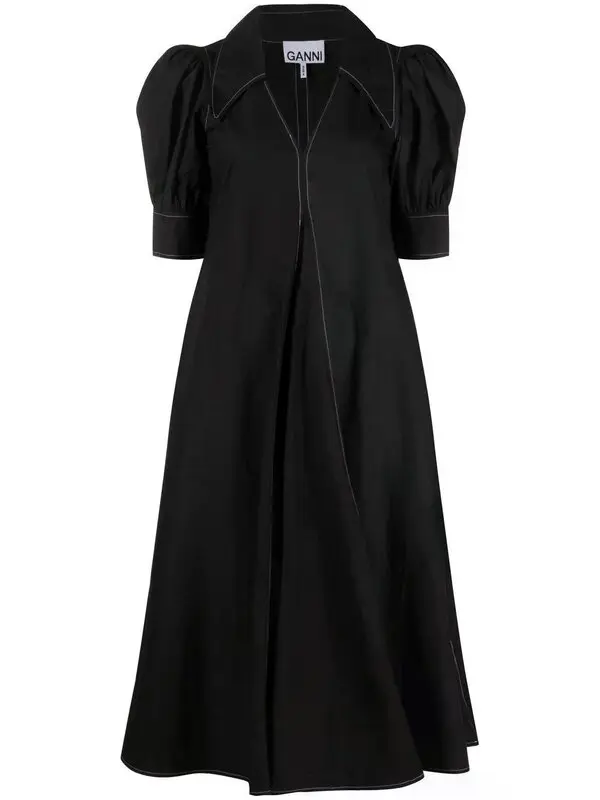 GANNI Puff-sleeved Box-pleat Dress - Black