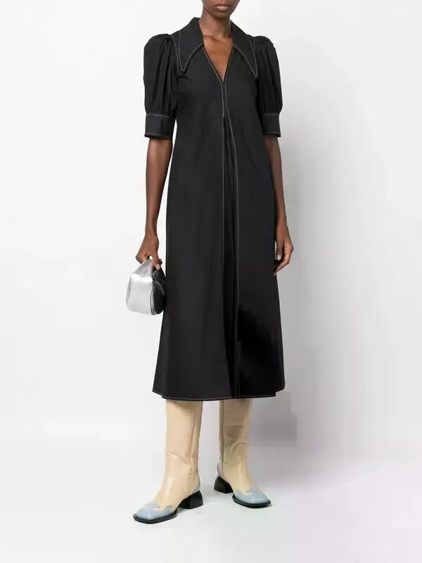GANNI Puff-sleeved Box-pleat Dress