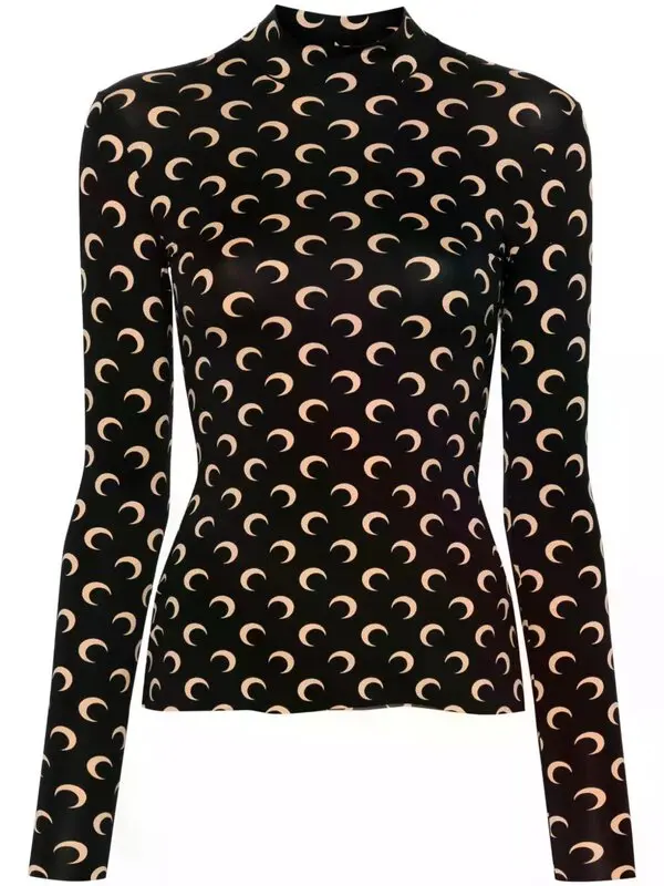MARINE SERRE Crescent Moon Print Mock Neck Long Sleeve Top - Black