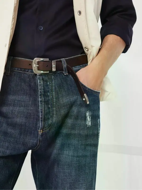 Brunello Cucinelli Leather Belt With Turquoise Stone Detail