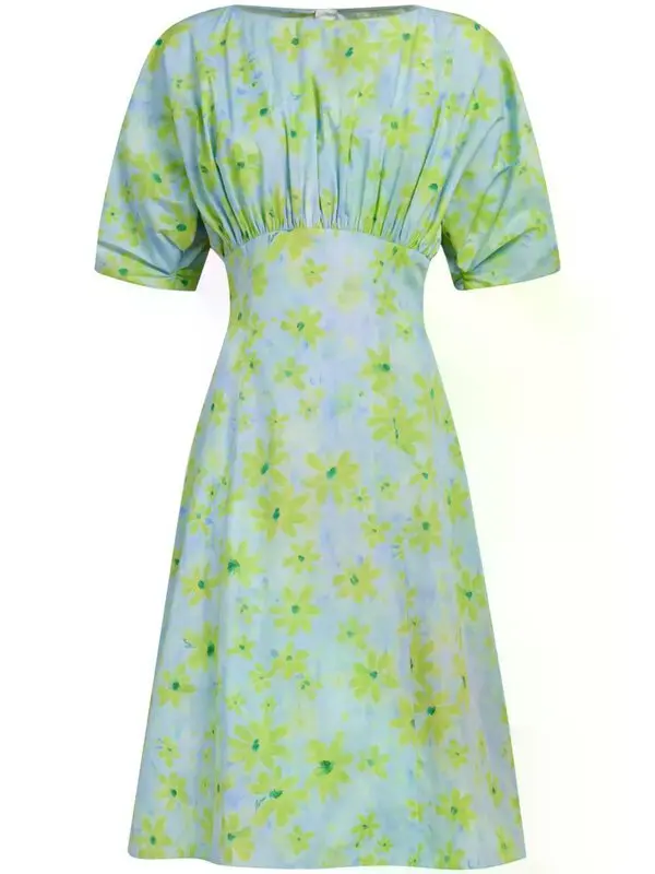 Marni Gathered Floral-print Cotton Dress - Blue