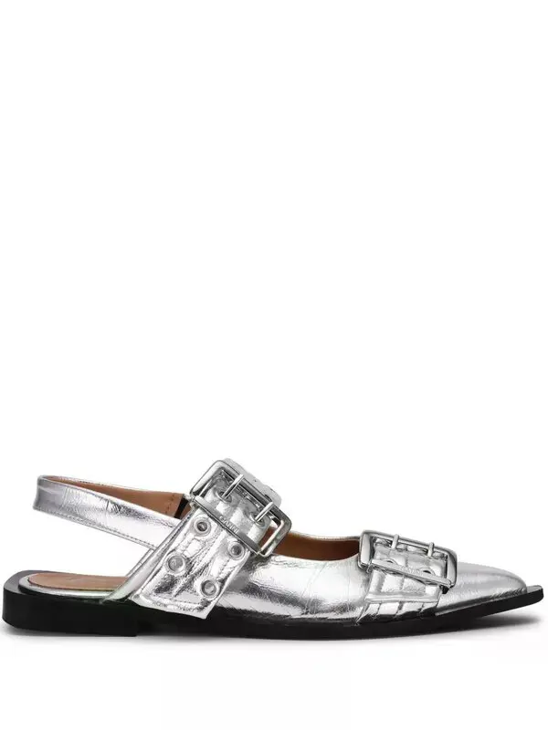 GANNI Double-buckled Metallic Ballerina Shoes - Silver