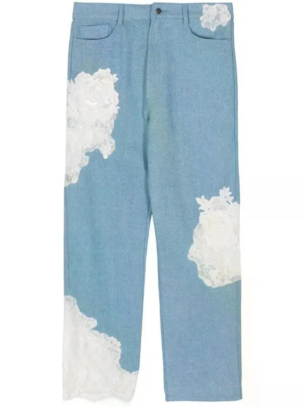 Collina Strada Floral Lace Cotton Jeans - Blue