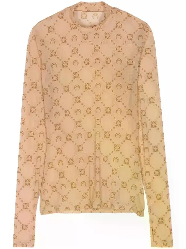 MARINE SERRE Logo-pattern Mock Neck Long Sleeve Top - Neutrals
