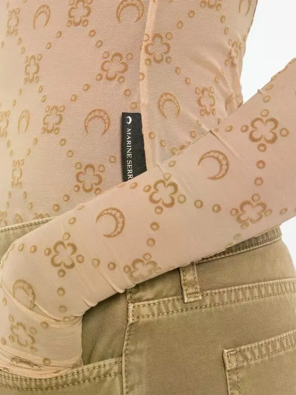 MARINE SERRE Logo-pattern Mock Neck Long Sleeve Top - Neutrals