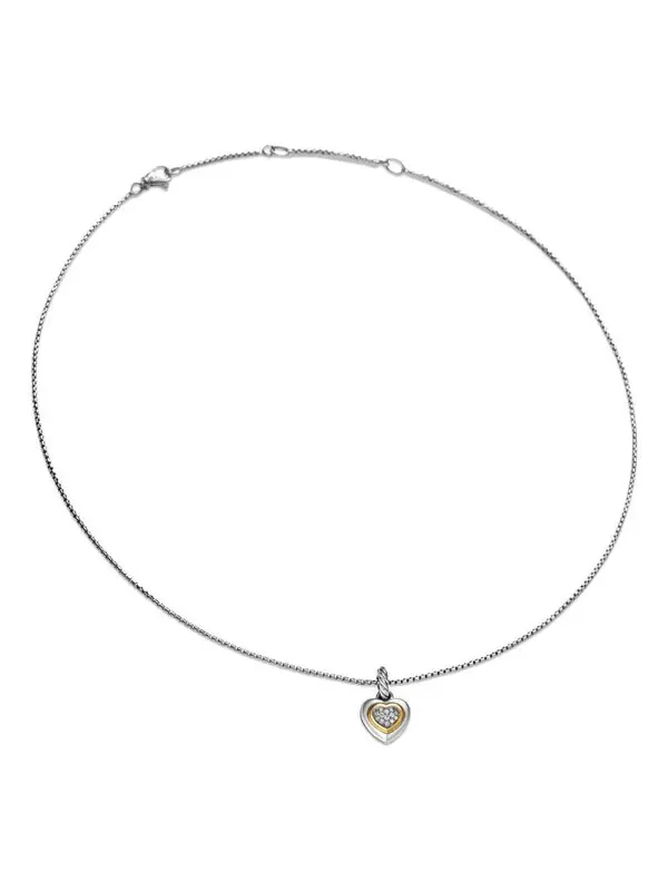 David Yurman 14kt Yellow Gold And Sterling Petite Cable Heart Diamond Necklace - Silver