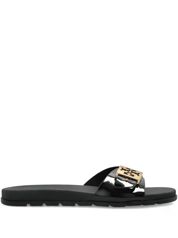 Tory Burch Mellow Slide Sandals With Gold-tone Logo Plaque - Black