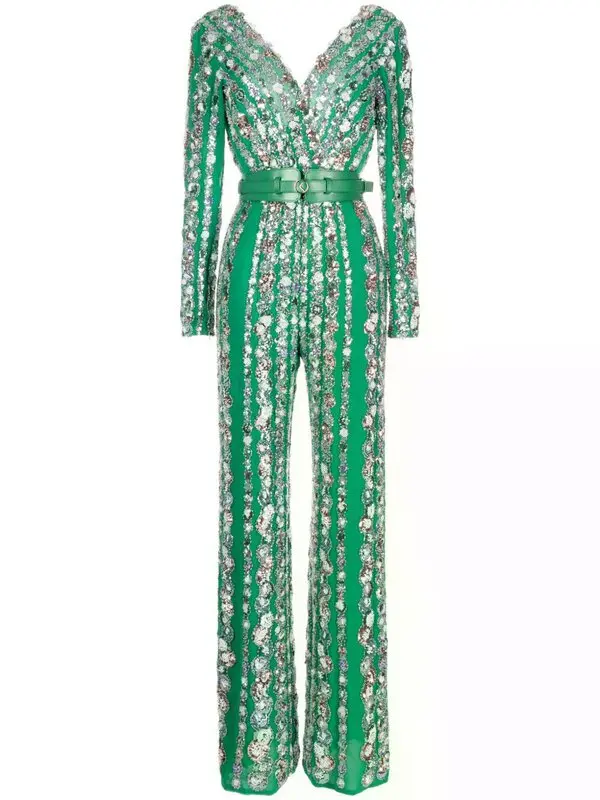 SAIID KOBEISY Embellished V-neck Jumpsuit - Green
