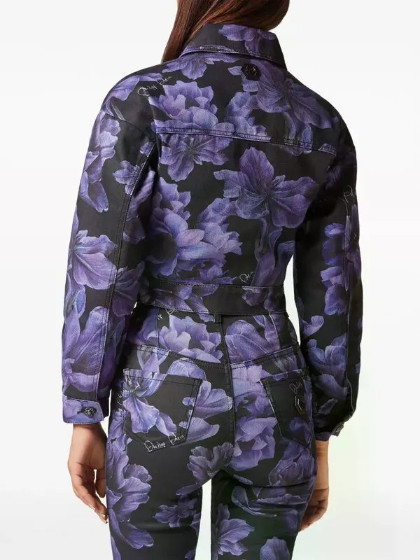 Philipp Plein Floral-print Cropped Denim Jacket - Black