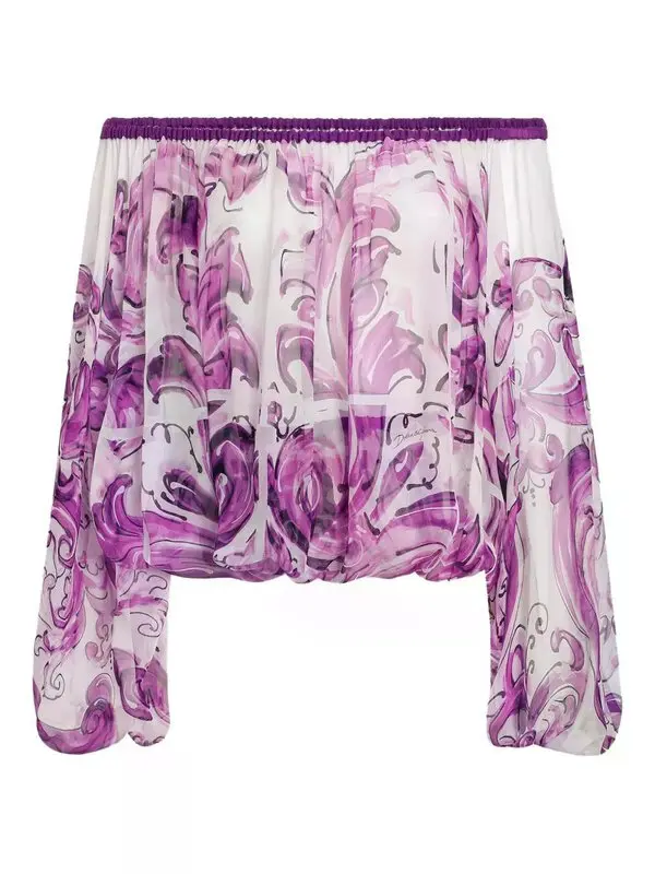 Dolce & Gabbana Graphic-print Off-shoulder Silk Blouse