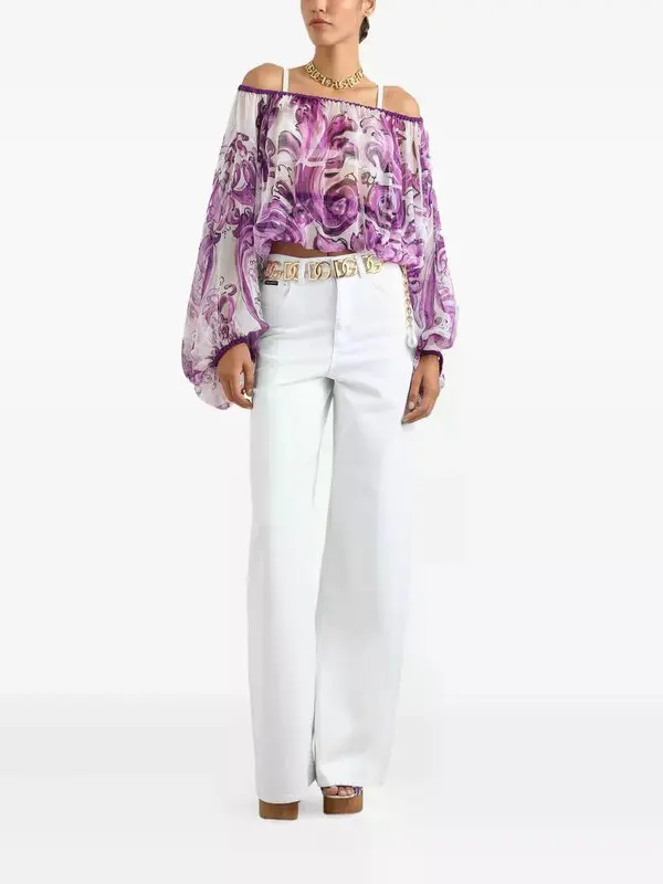 Dolce & Gabbana Graphic-print Off-shoulder Silk Blouse