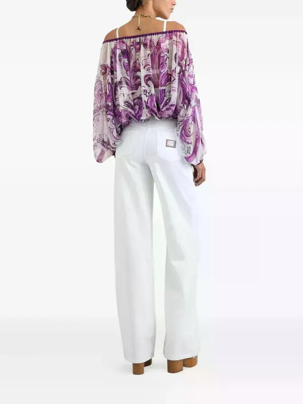 Dolce & Gabbana Graphic-print Off-shoulder Silk Blouse