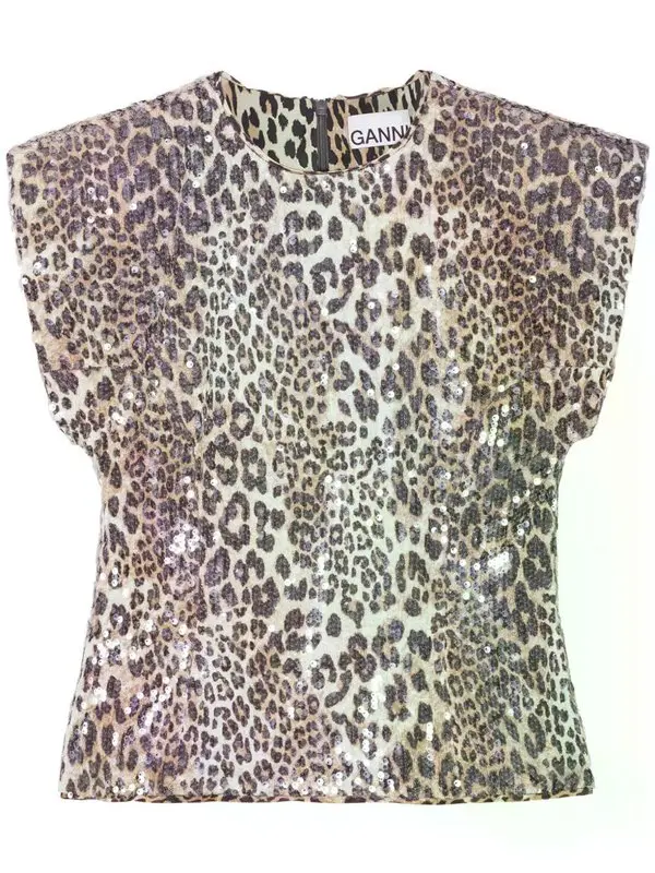 GANNI Sequined Leopard Print Cap Sleeve Blouse