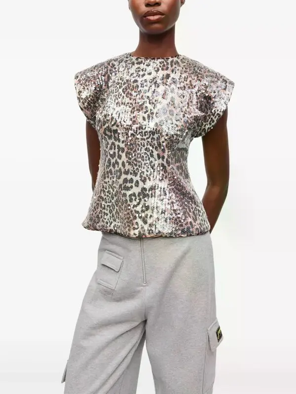 GANNI Sequined Leopard Print Cap Sleeve Blouse
