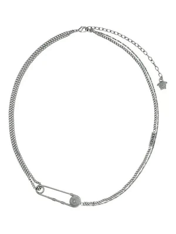 Versace Safety Pin Embellished Double Chain Necklace - Silver