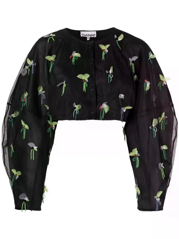 GANNI Bead-embellished Cropped Blouse
