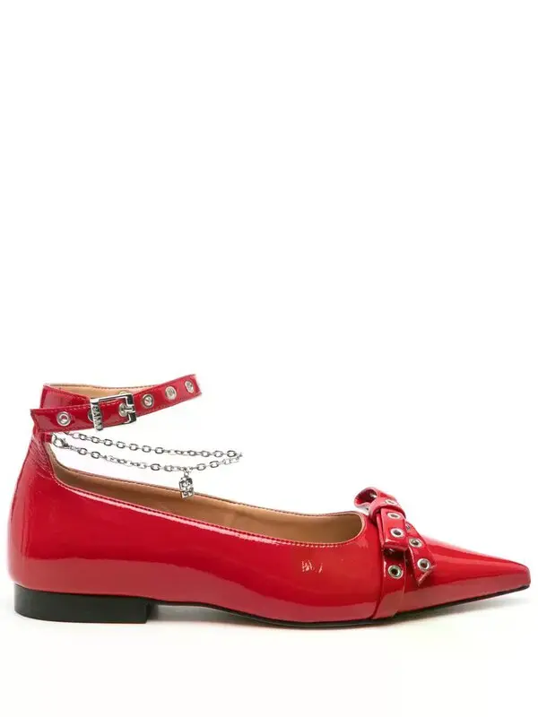 GANNI Patent Leather Bow Detail Ballet Flats With Anklet - Red
