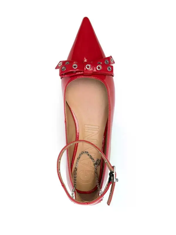 GANNI Patent Leather Bow Detail Ballet Flats With Anklet - Red