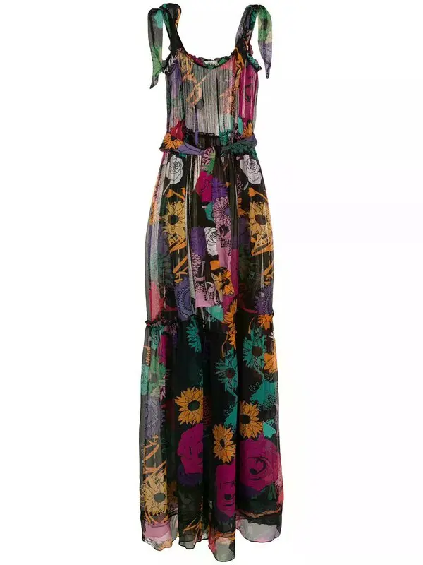 AMIR SLAMA Semi-sheer Floral Print Silk Maxi Dress