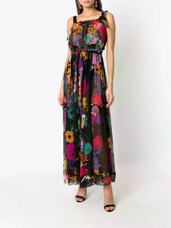 AMIR SLAMA Semi-sheer Floral Print Silk Maxi Dress