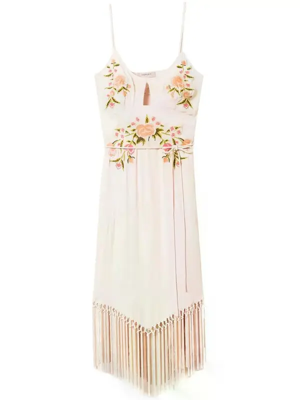 TWINSET Floral Embroidered Midi Dress With Fringe Detail - Neutrals