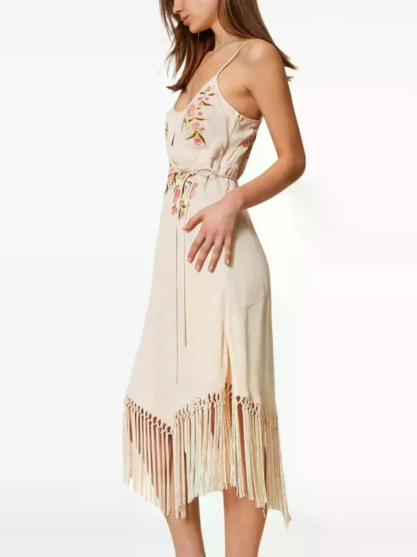 TWINSET Floral Embroidered Midi Dress With Fringe Detail