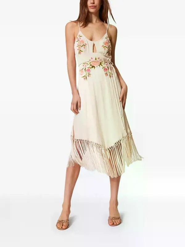TWINSET Floral Embroidered Midi Dress With Fringe Detail