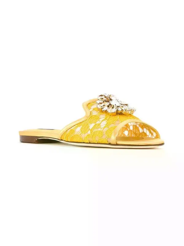 Dolce & Gabbana Bianca Rainbow Lace Brooch-detail Flat Sandals - Yellow