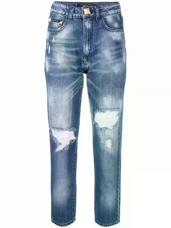 Philipp Plein High-rise Distressed Cropped Jeans - Blue