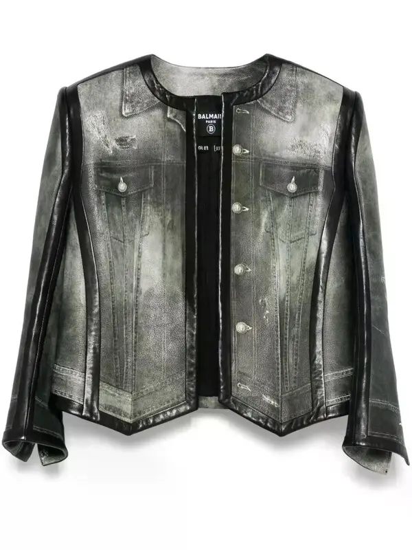 Balmain Denim-print Leather Jacket