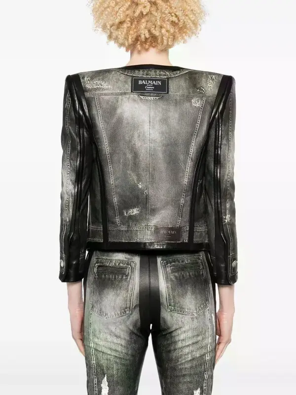 Balmain Denim-print Leather Jacket