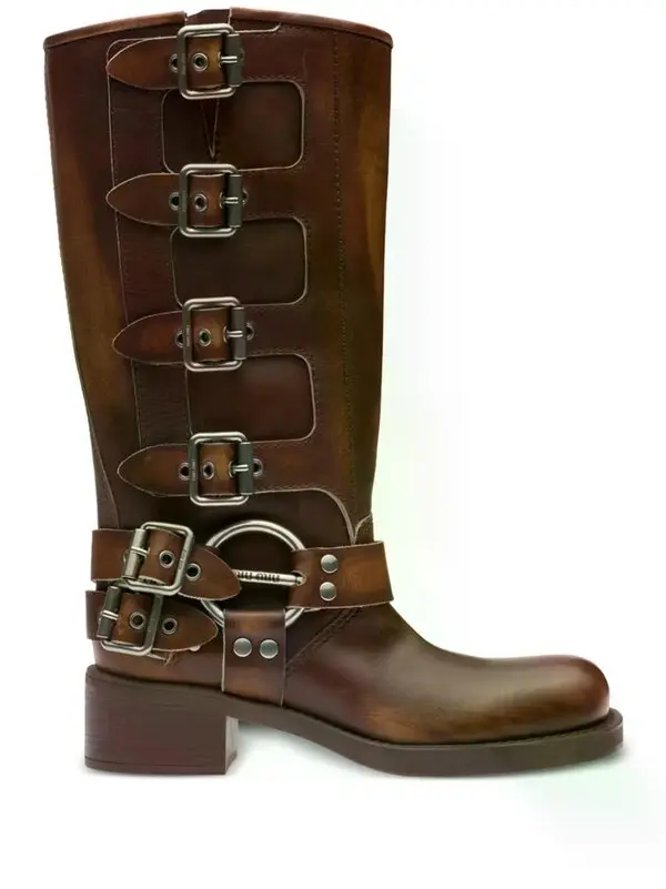 Miu Miu Buckle-detail Leather Mid-calf Boots - Brown