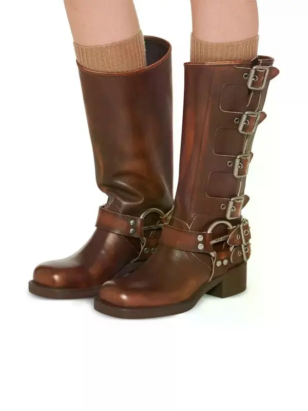 Miu Miu Buckle-detail Leather Mid-calf Boots - Brown