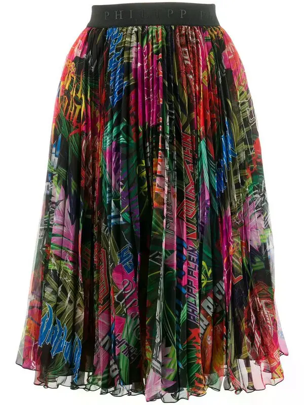Philipp Plein Jungle Rock Print Pleated Skirt