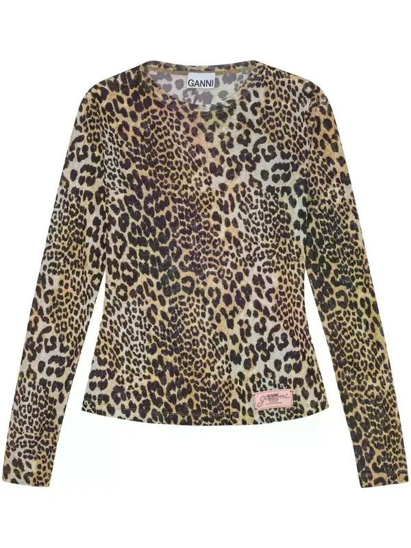 GANNI Leopard Print Long Sleeve T-shirt - Brown