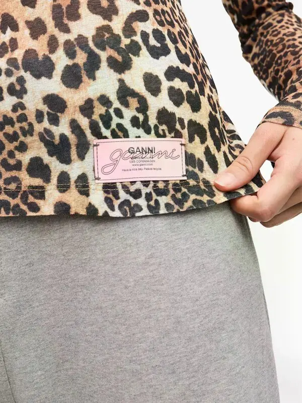 GANNI Leopard Print Long Sleeve T-shirt - Brown