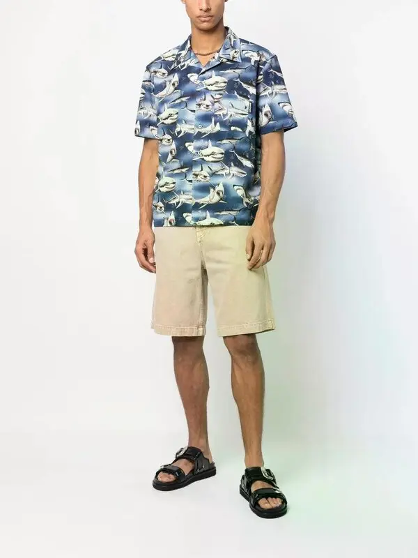 Palm Angels Sharks-print Bowling Shirt - Blue