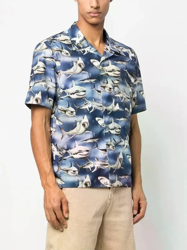 Palm Angels Sharks-print Bowling Shirt - Blue