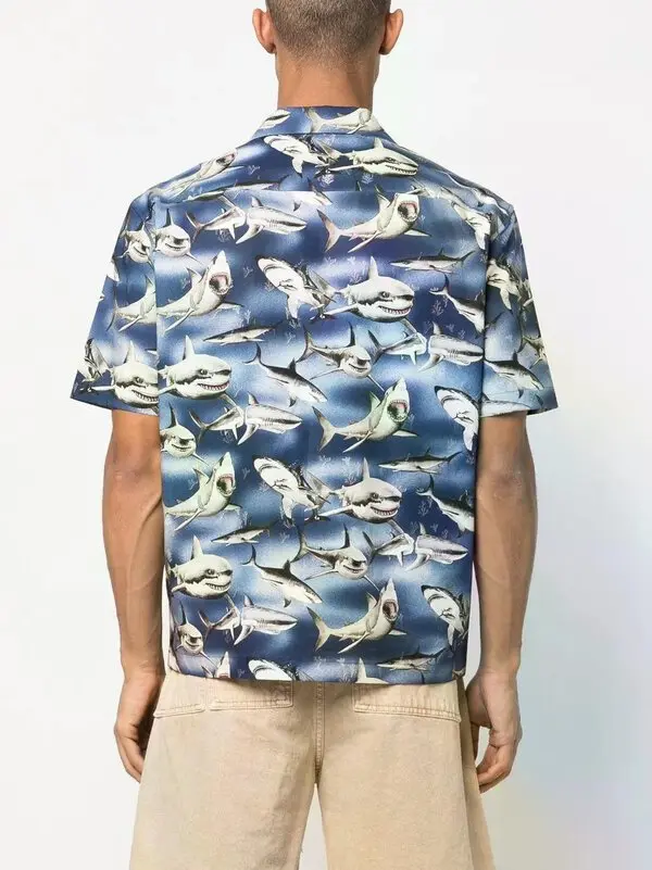 Palm Angels Sharks-print Bowling Shirt - Blue