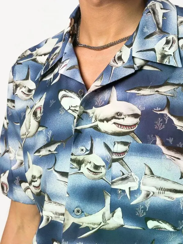 Palm Angels Sharks-print Bowling Shirt - Blue