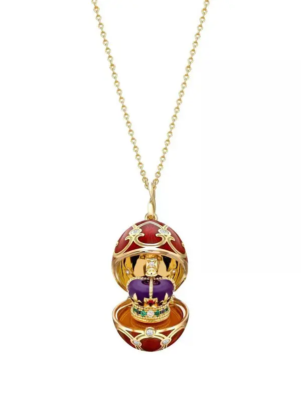 Faberge 18kt Yellow Gold Heritage Coronation Crown Surprise Locket Pendant With Diamonds - Red