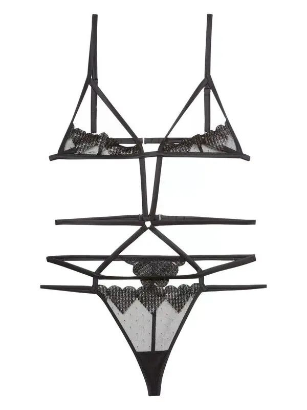 FLEUR DU MAL Heart Embroidered Ouvert Bondage Bodysuit - Black