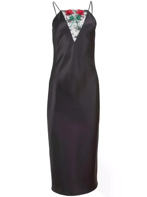 FLEUR DU MAL Embroidered Stretch-silk Slip Dress - Black