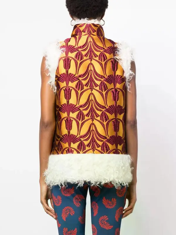 La DoubleJ Patterned Brocade Vest With Faux-shearling Trim