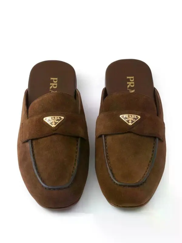 Prada Suede Slippers With Enameled Triangle Logo - Brown